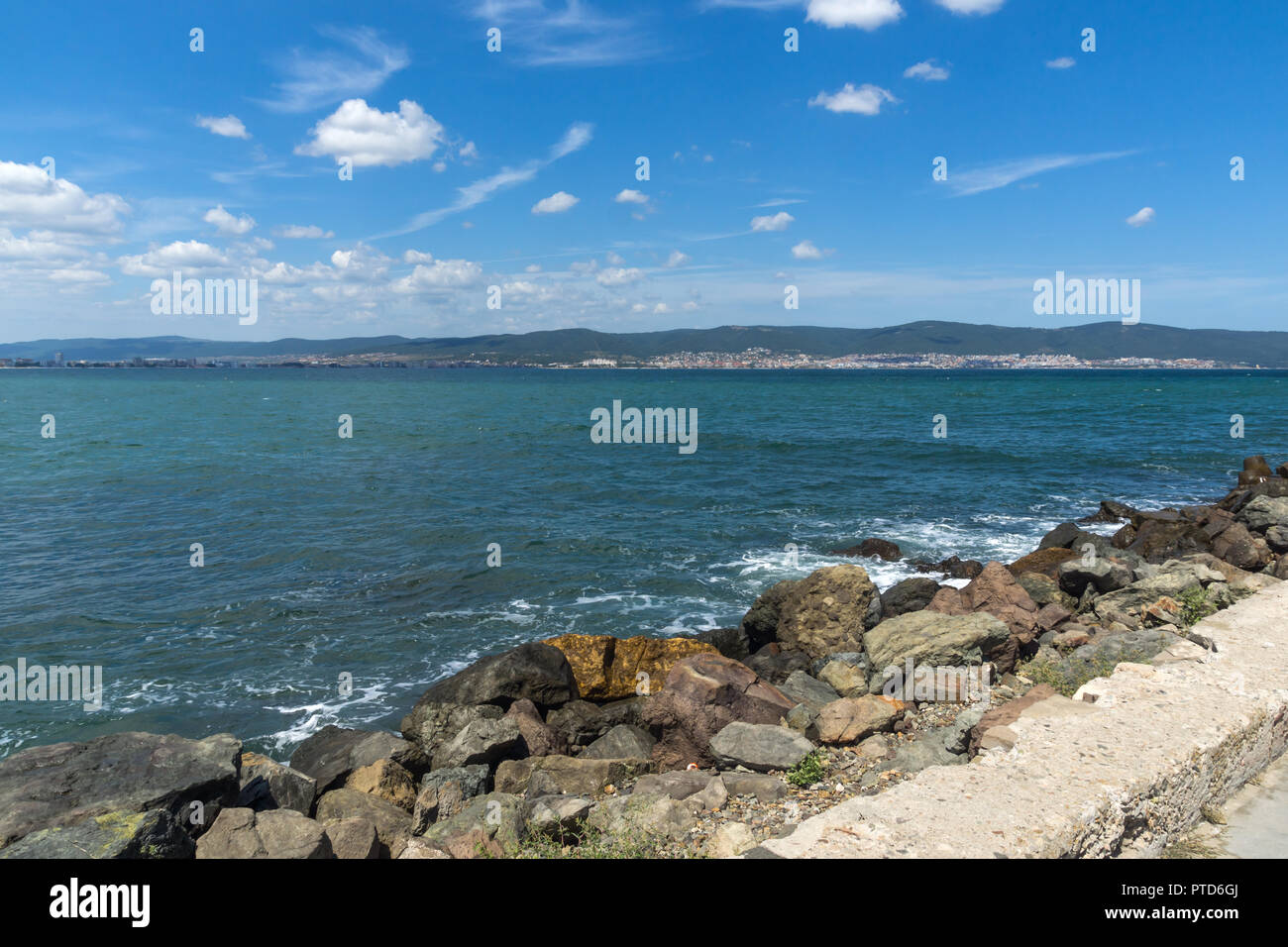 Panorama from coastline of Nessebar to resorts of Sunny Beach, St. Vlas ...