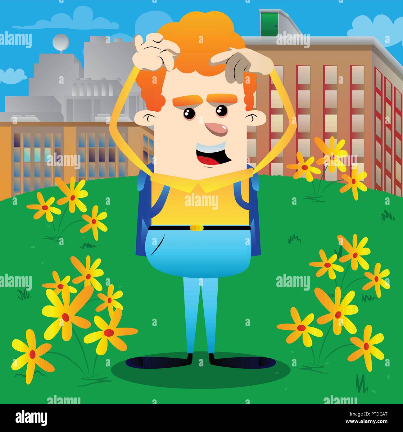 Schoolboy scratching his head with two hands. Vector cartoon character ...