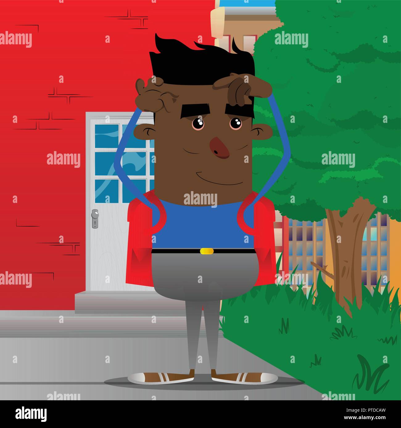 Schoolboy scratching his head with two hands. Vector cartoon character ...