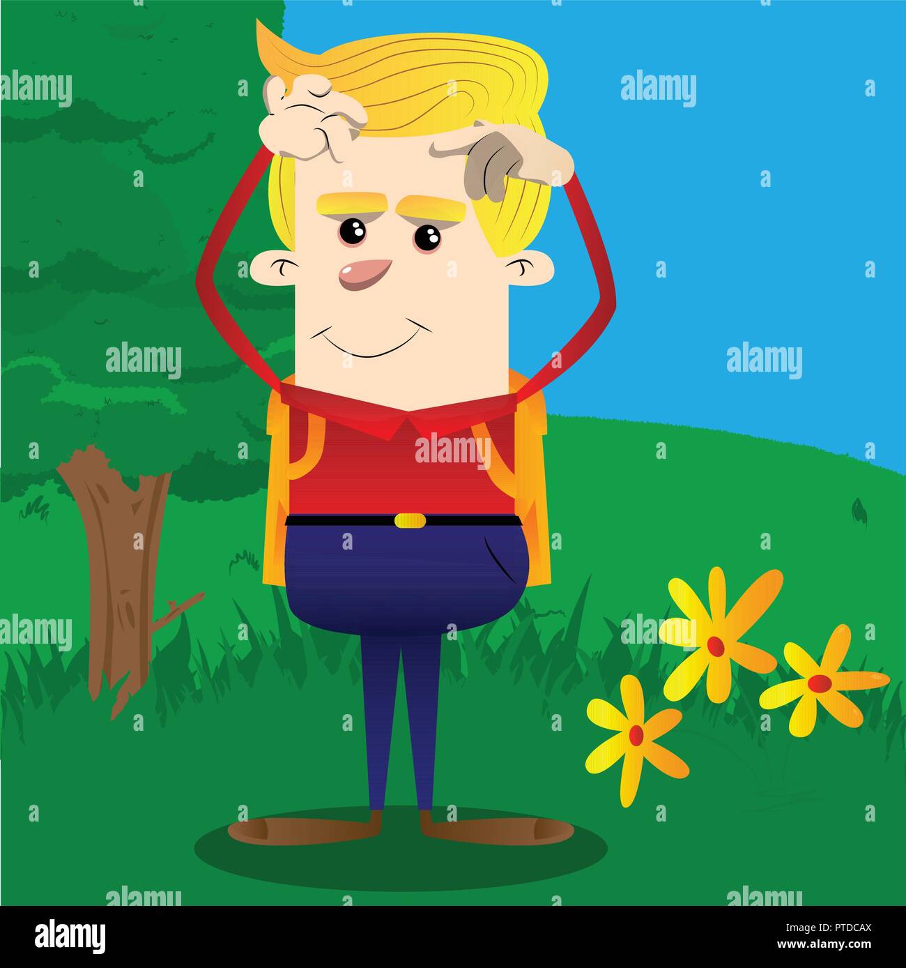 Schoolboy scratching his head with two hands. Vector cartoon character ...