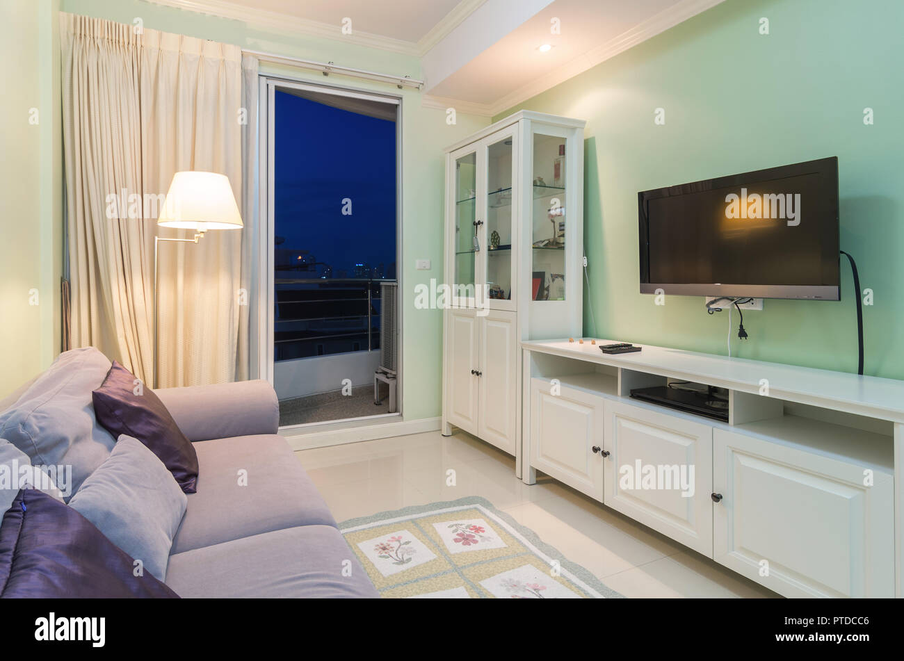 Luxury Interior living room with blue sky at twilight time Stock Photo ...