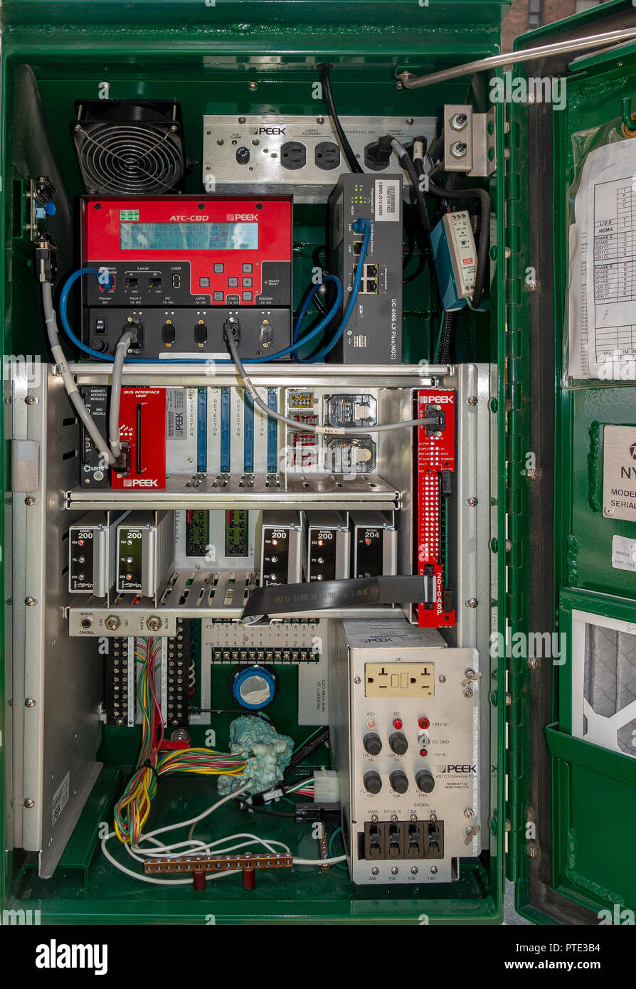 Manhattan big green traffic light box controiler and system Stock Photo ...