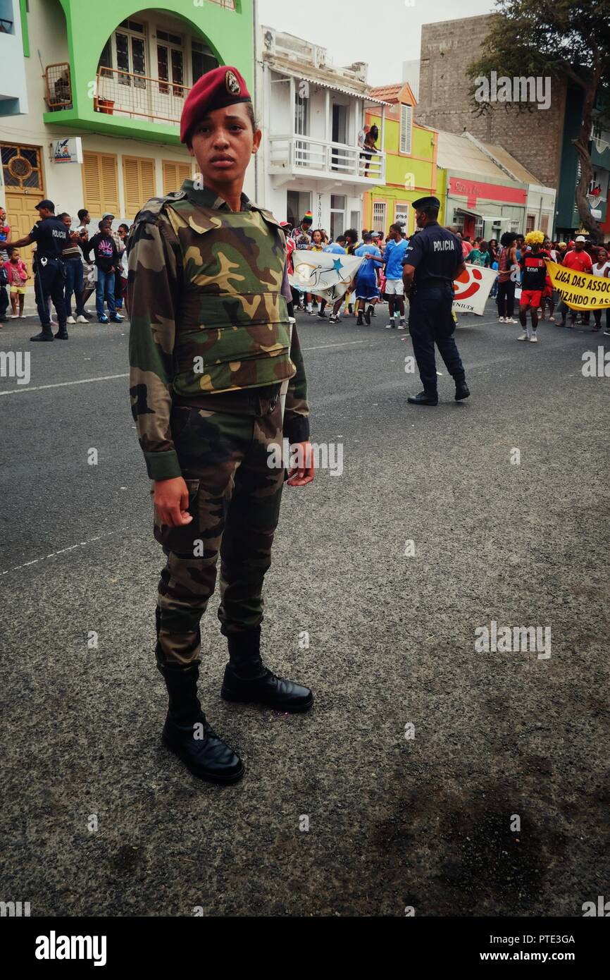 Mindelo, Sao Vicente Island, Cape Verde - Jan 5 2016: a young police ...