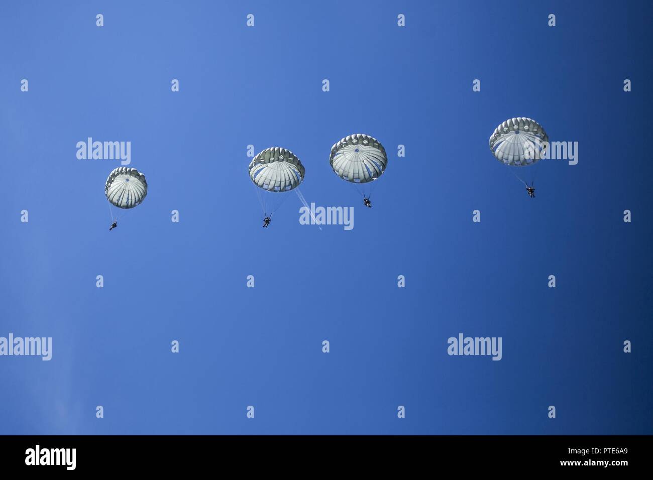 Static-line parachutists descend from the sky during International Jump ...