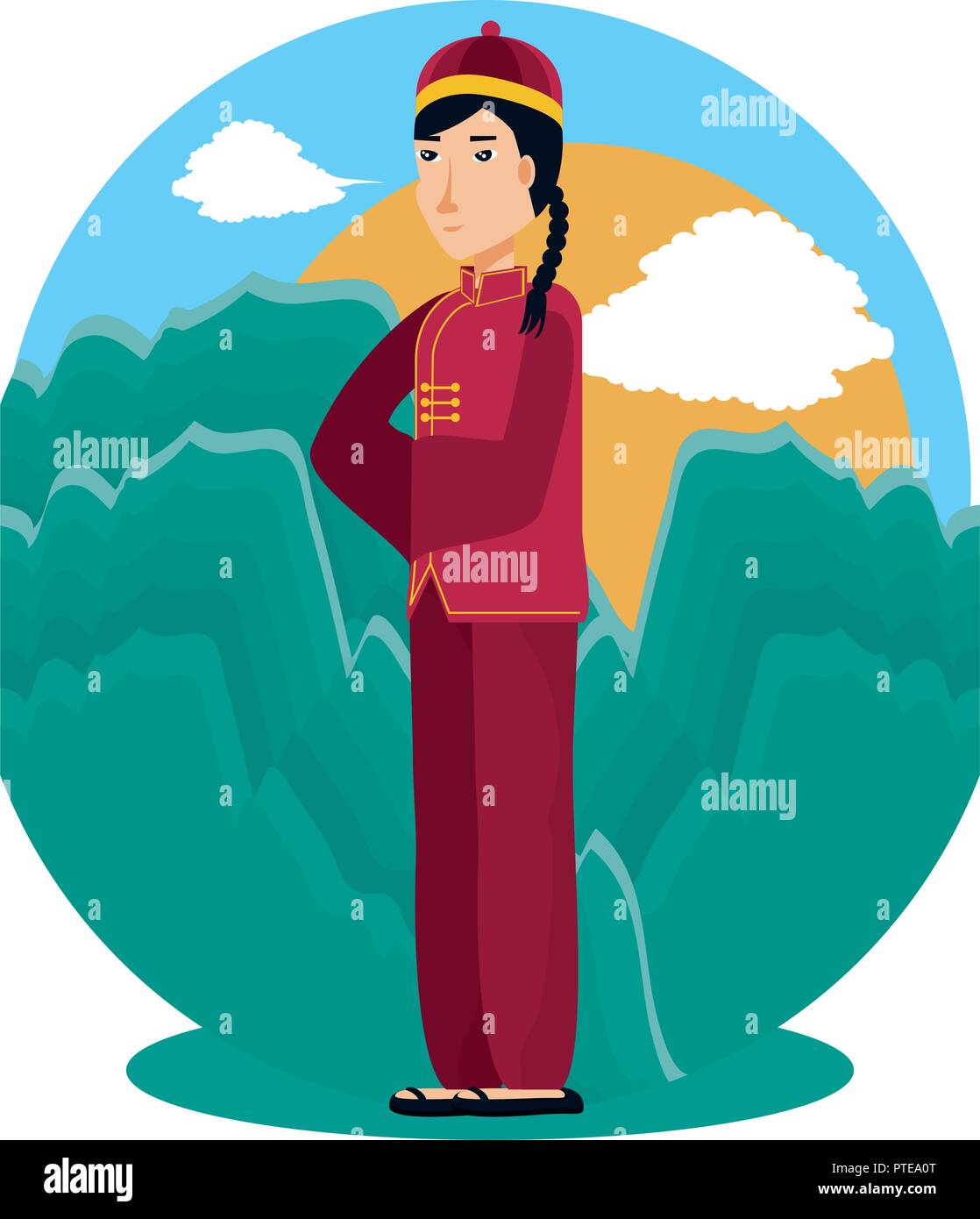 chinese man with traditional costume in landscape vector illustration ...