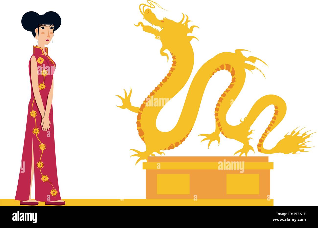 chinese dragon statue in gold with geisha vector illustration design ...