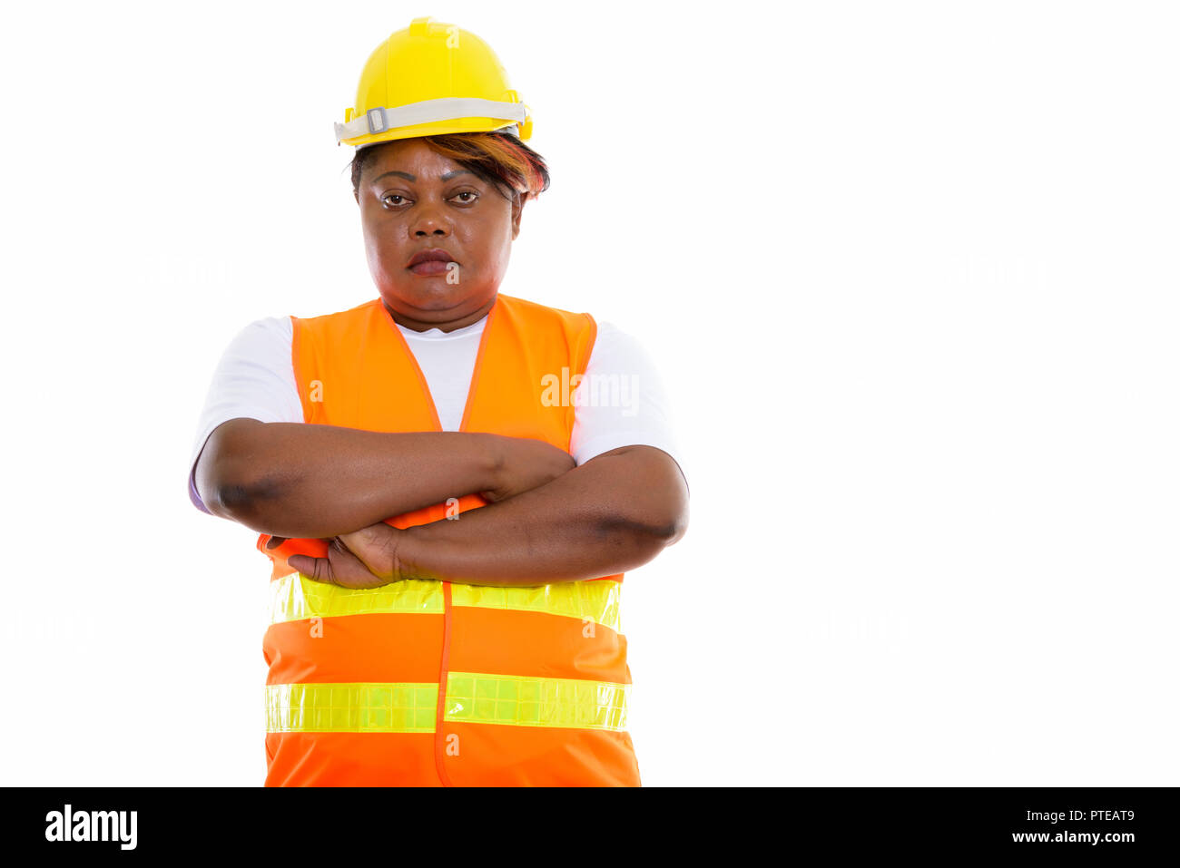 Studio shot of fat black African woman construction worker with Stock ...