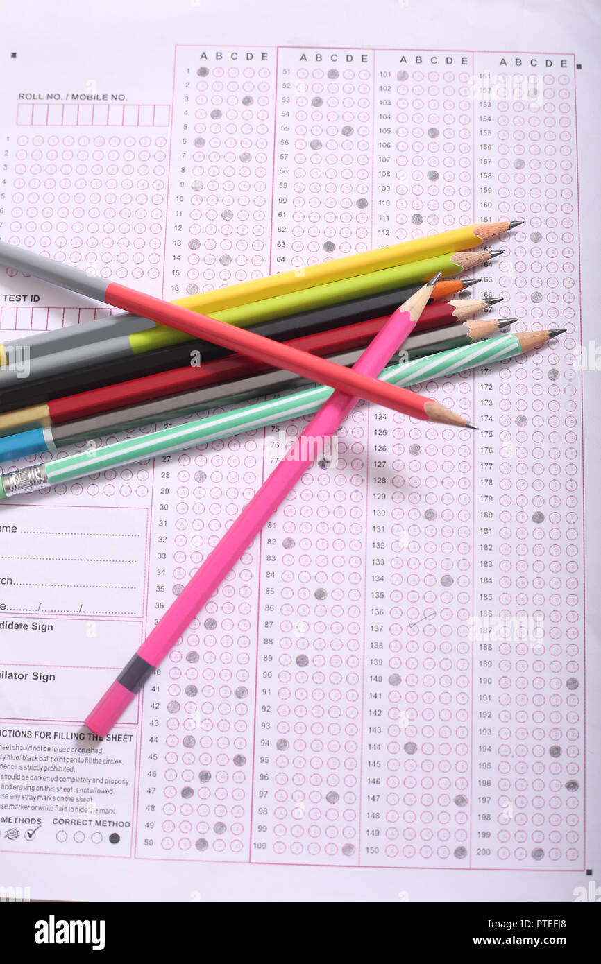 Picture of many colorful pencil on the OMR sheet Stock Photo - Alamy