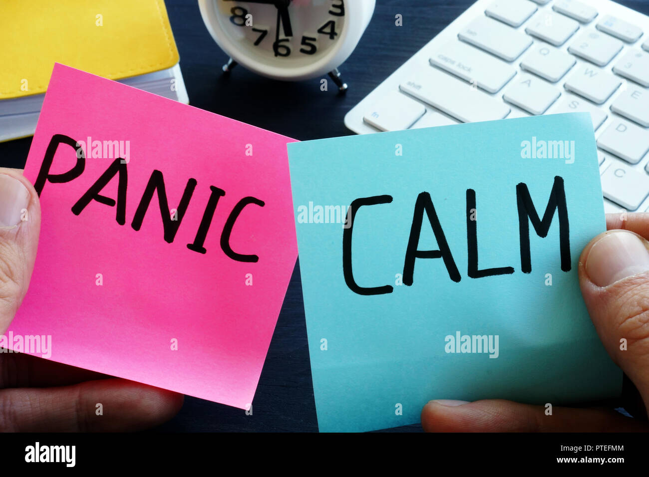 Words panic and calm on pieces of paper. Problem solving Stock Photo ...