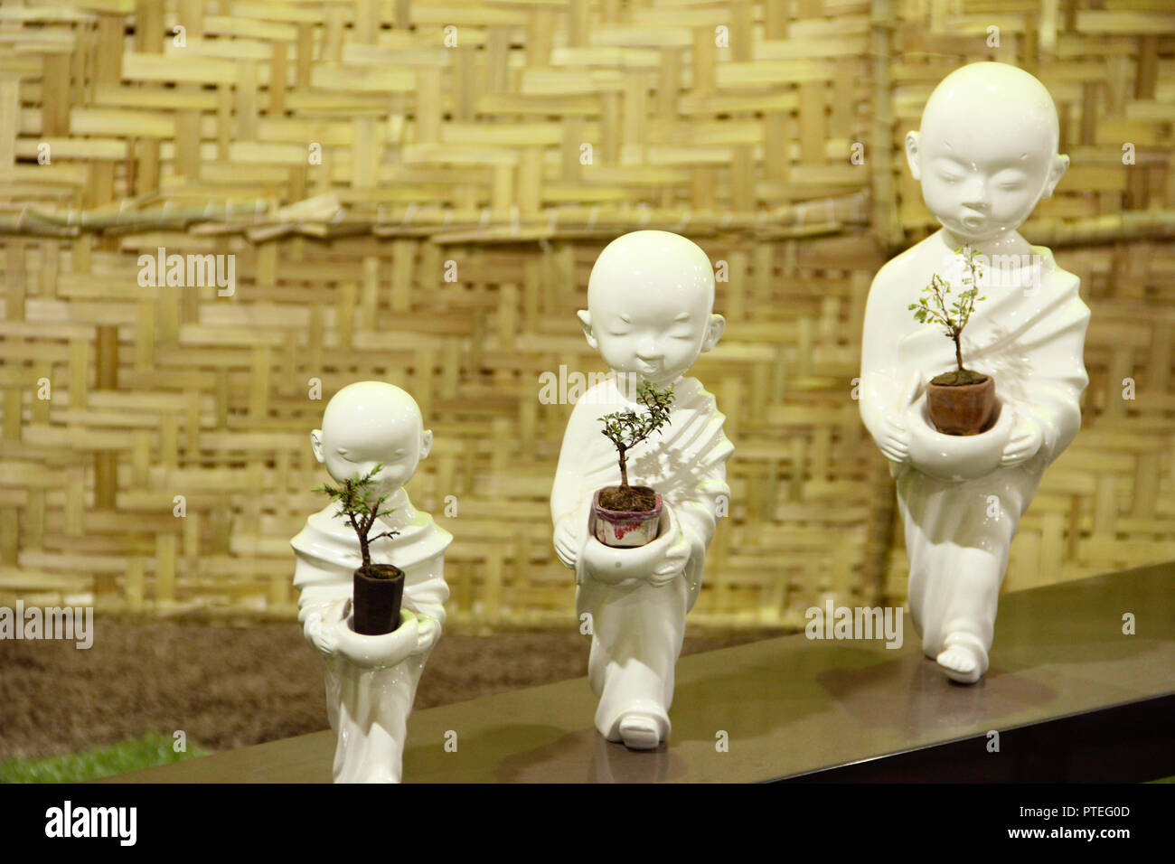 Small Buddha statues holding Bonsai Trees, Bonsai tree exhibition, Pune ...