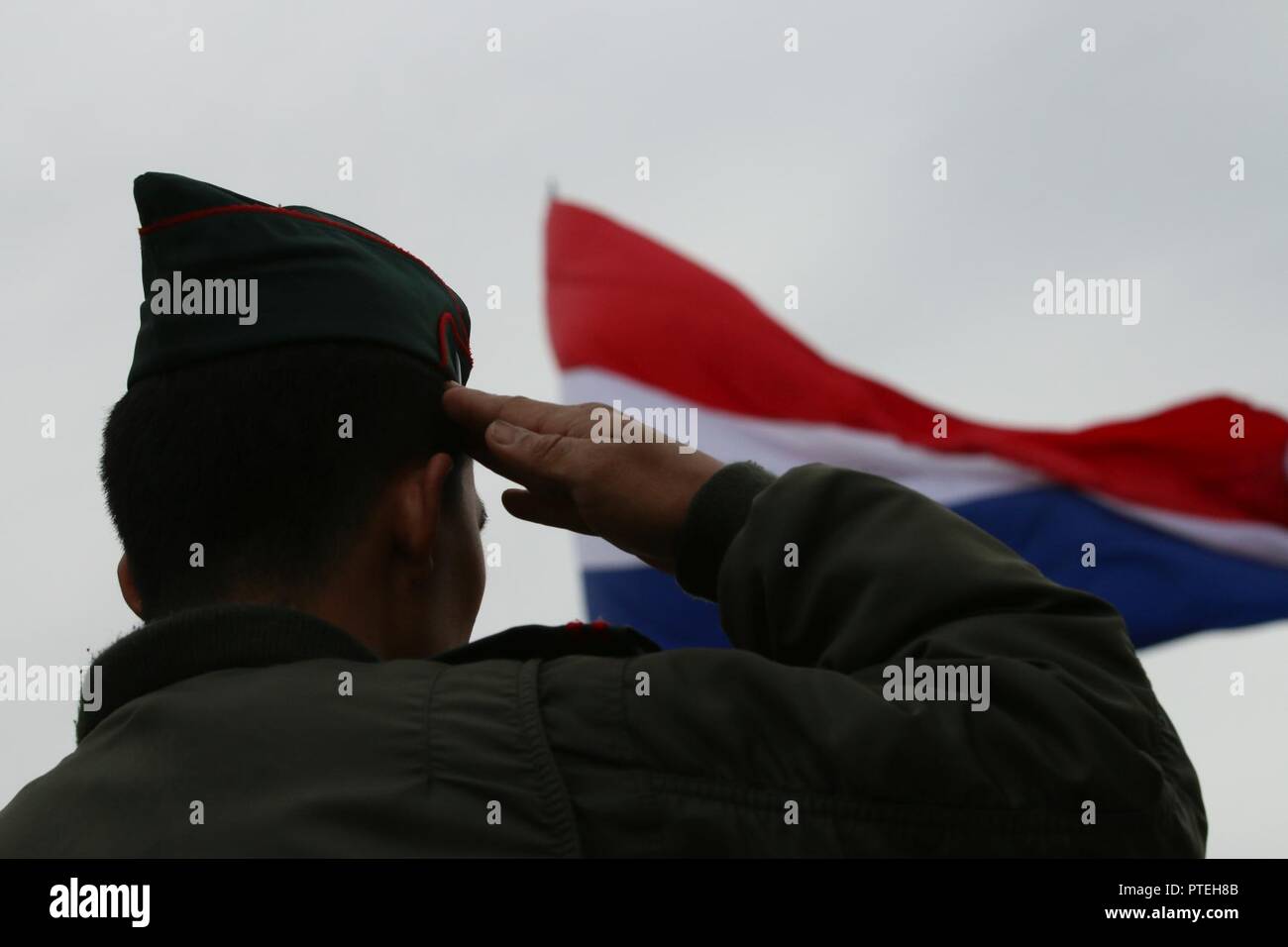 A Paraguayan soldier salutes his flag at Fuerzas Comando 2017's opening ...