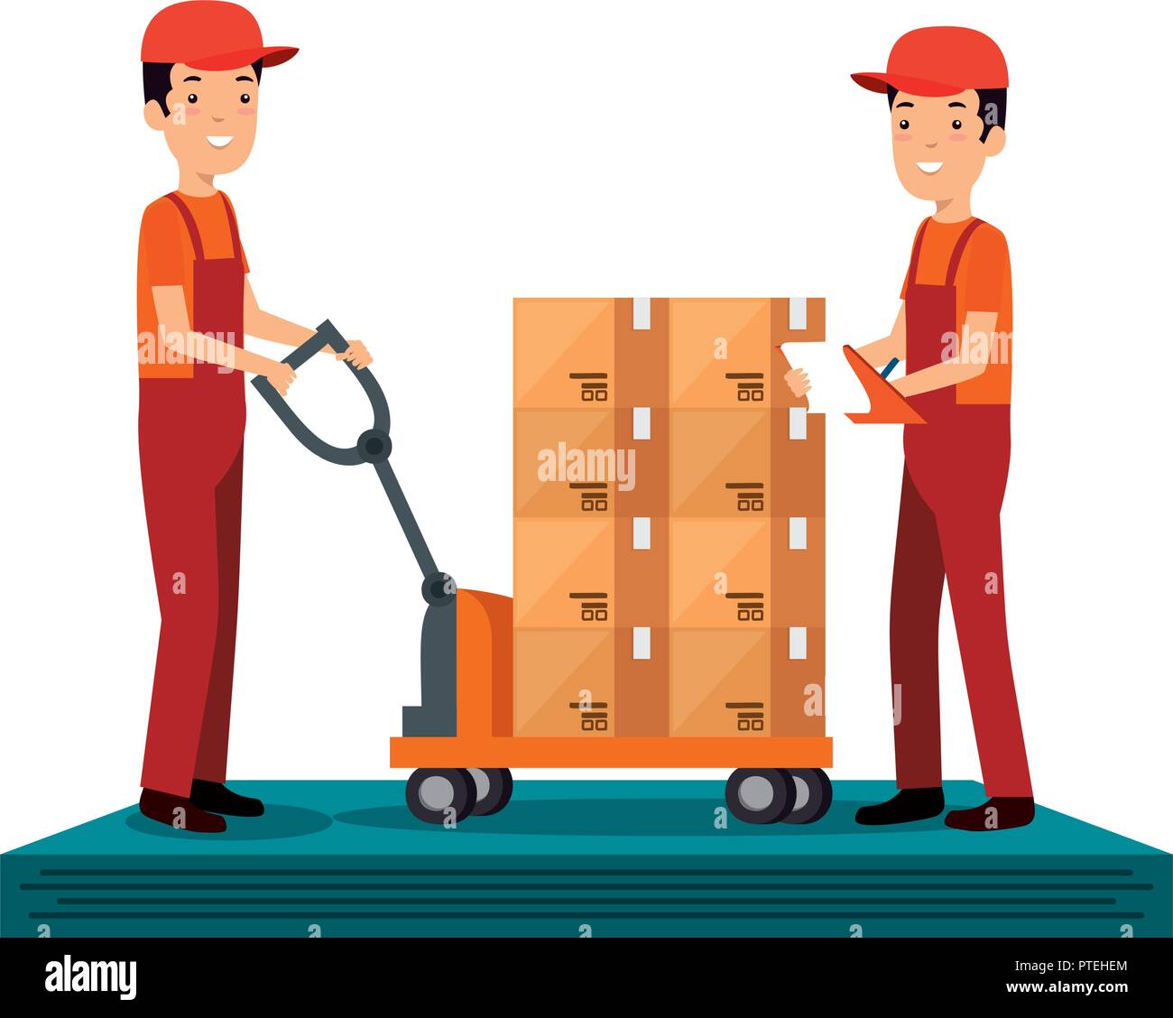 delivery workers with boxes in cart vector illustration design Stock ...