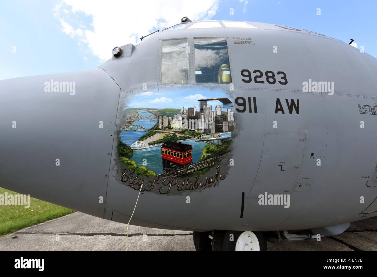 A mural depicting a view of Pittsburgh, Pennsylvania, is displayed on a ...