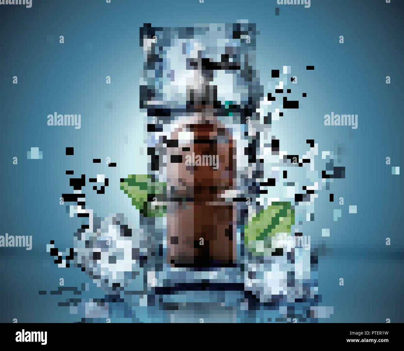 Frozen body wash in ice cubes with mint leaves and splashing water in ...