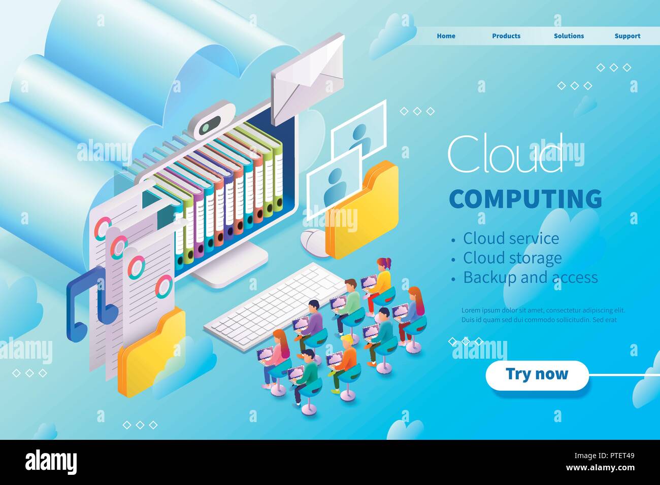 3d isometric could computing service, people sitting in front of screen ...