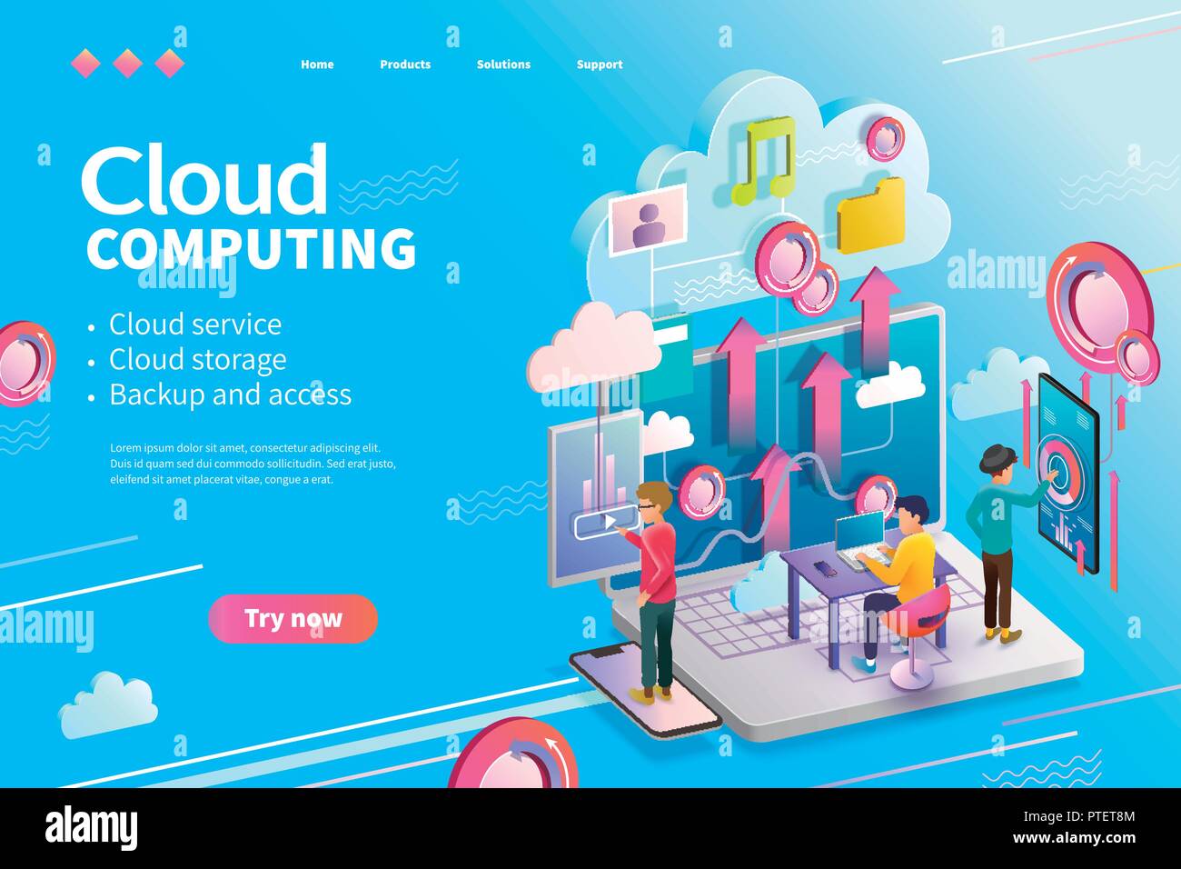 3d isometric cloud computing webpage design, people using could service uploading data Stock ...