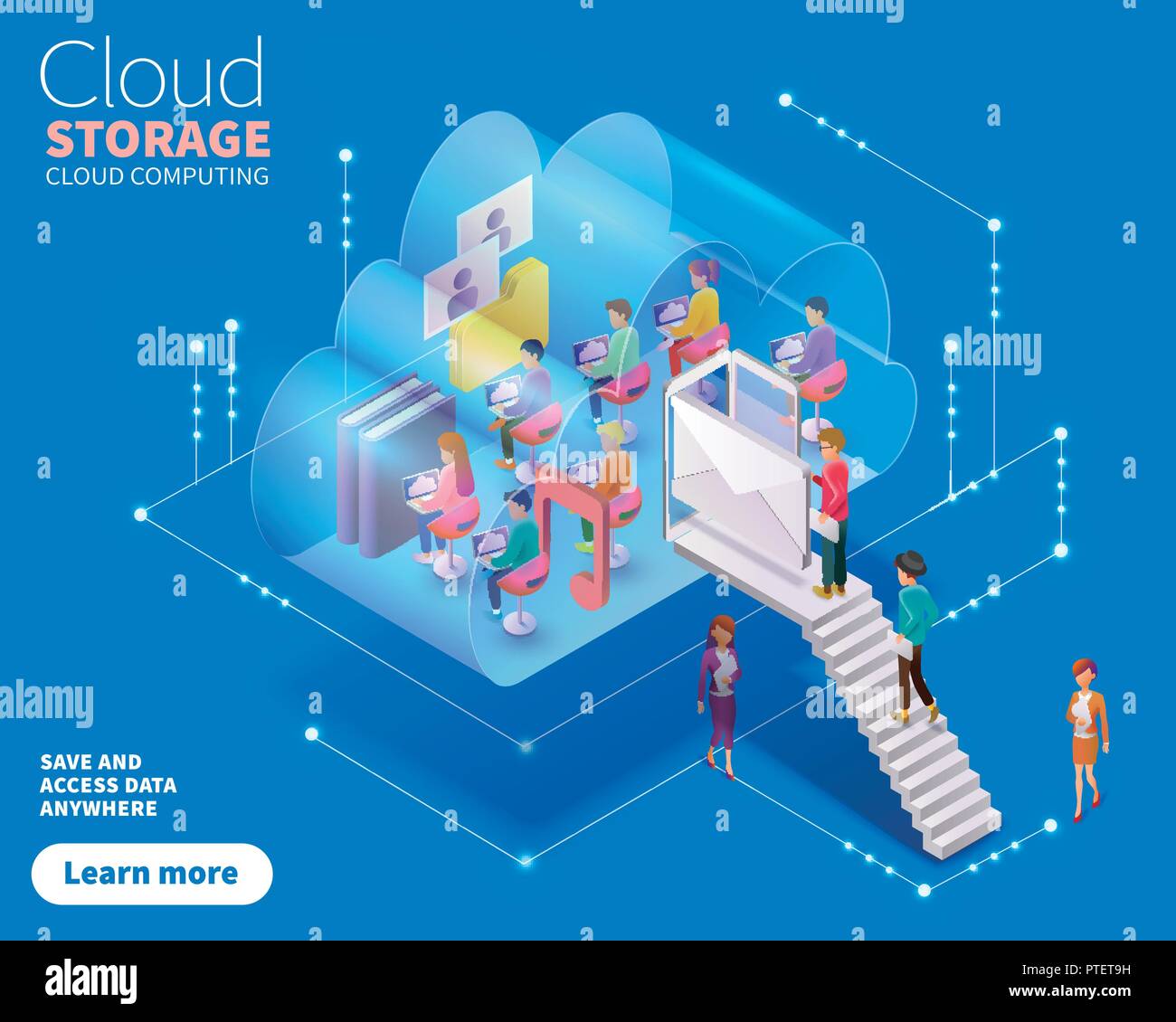 3d isometric cloud computing, people using service in could shape ...