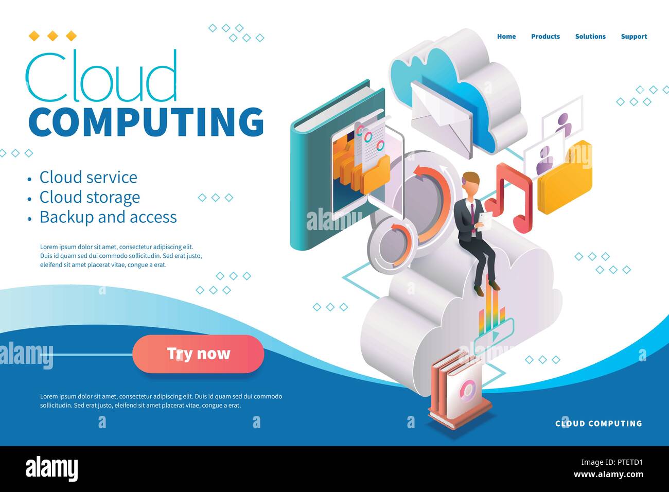 3d isometric cloud computing webpage design, man sitting upon cloud ...