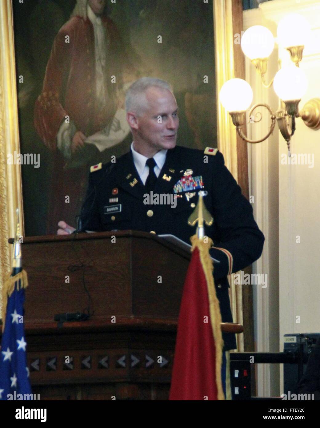 U.S. Army Col. Christopher Barron, provides farewell remarks as he ...