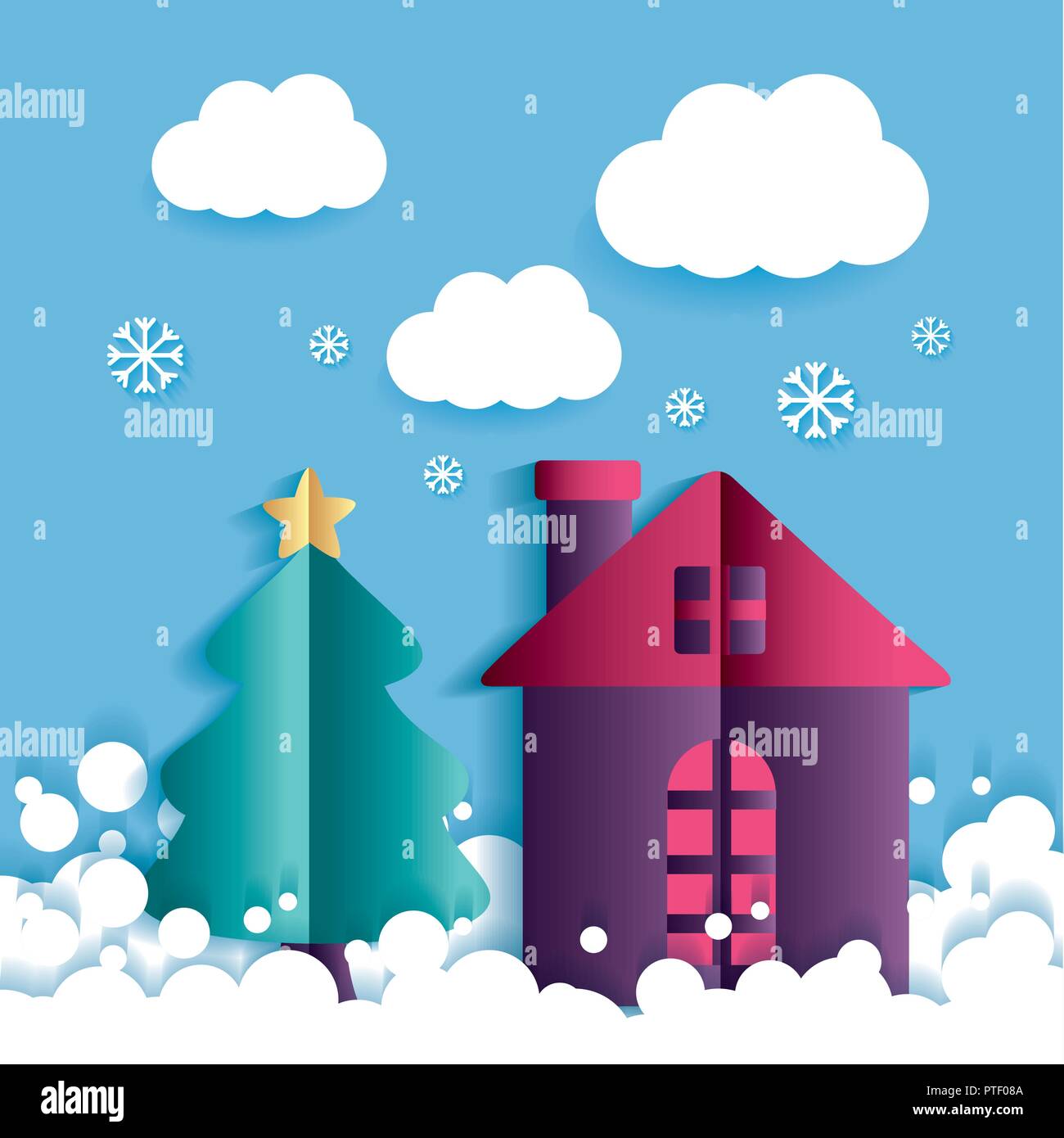 merry christmas house snow flakes clouds tree star vector illustration ...