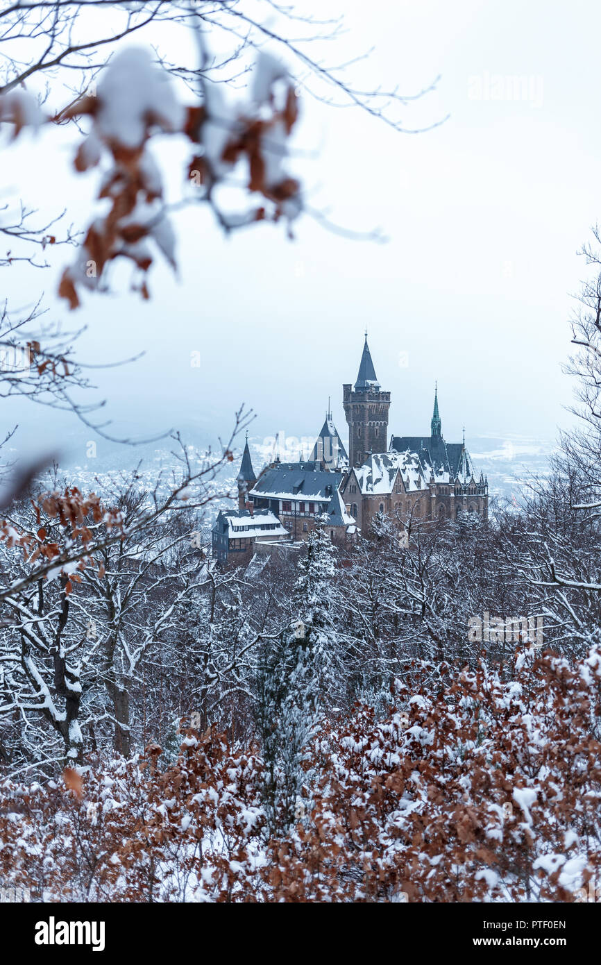 Landmark of Wernigerode in Winter in the history of the castle. Harz ...