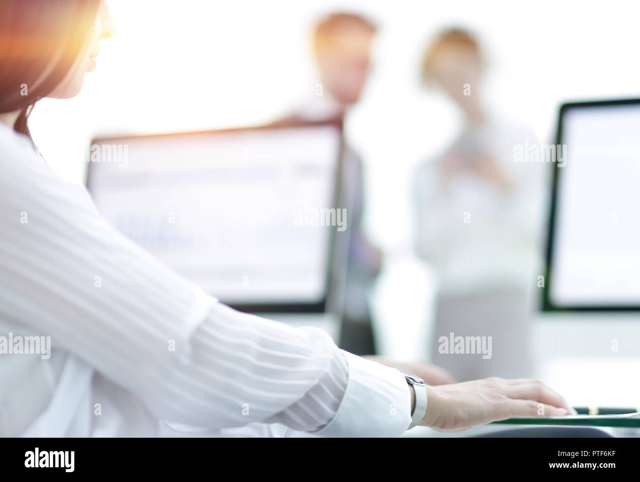 close-up of a work desk in a modern office. business concept Stock ...