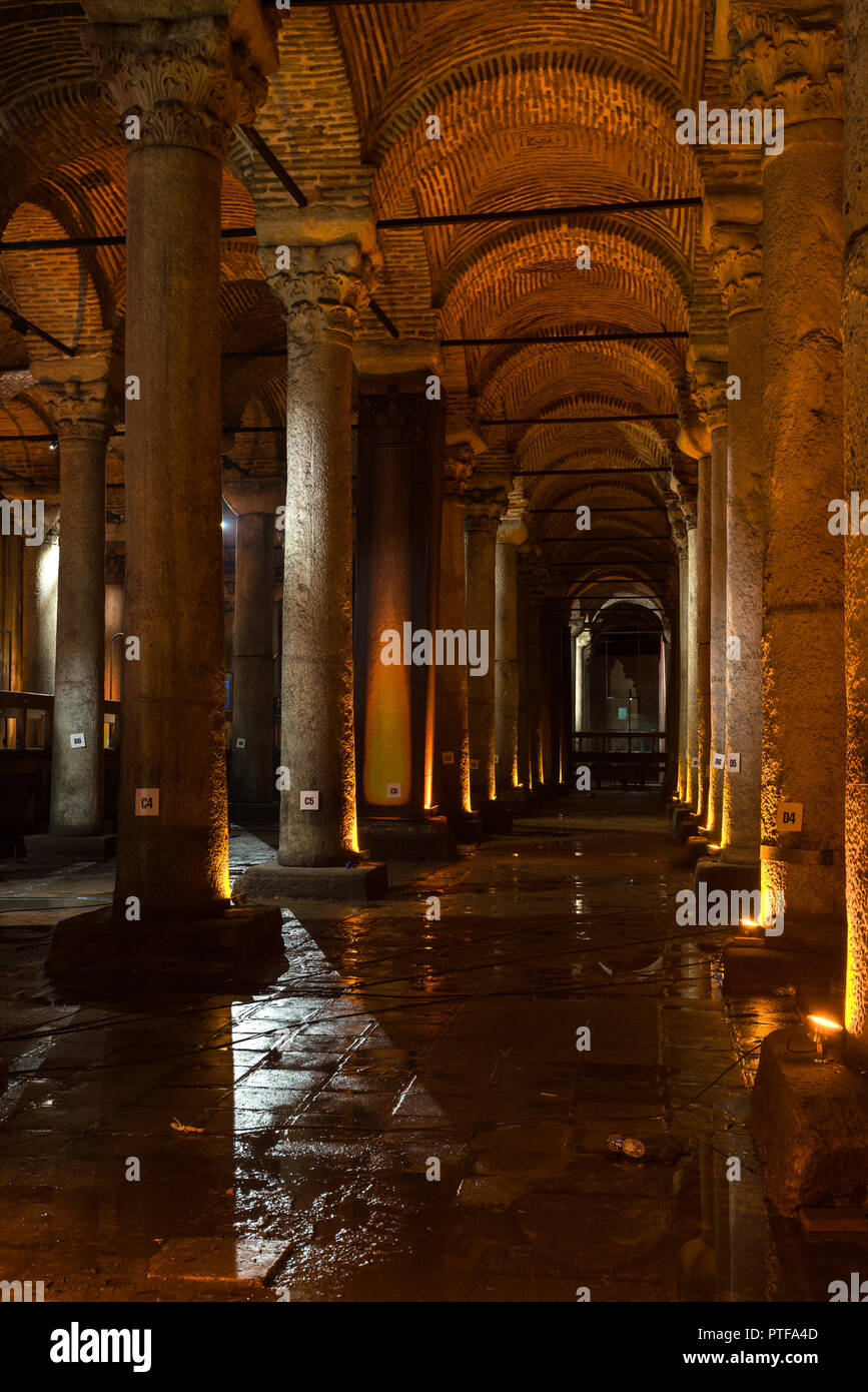 View of the rows of ancient Roman marble columns in the Basilica ...
