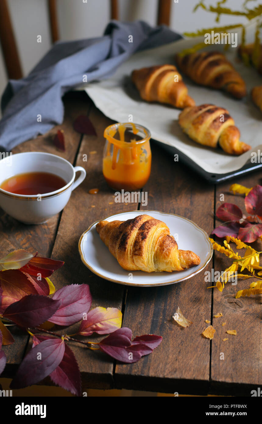 Cozy Autumn Still Life, Fall Breakfast, Freshly Baked Croissants with ...