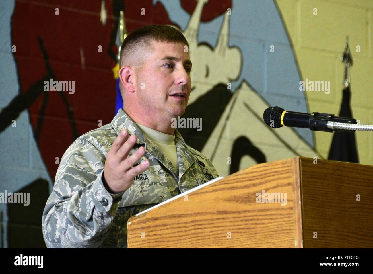 219th RED HORSE Squadron Commander Col. Rusty Vaira speaks during the ...