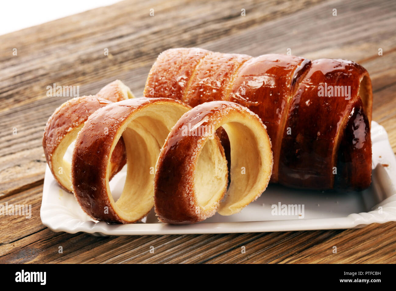 chimney cake. street food pastry with sugar for christmas Stock Photo ...