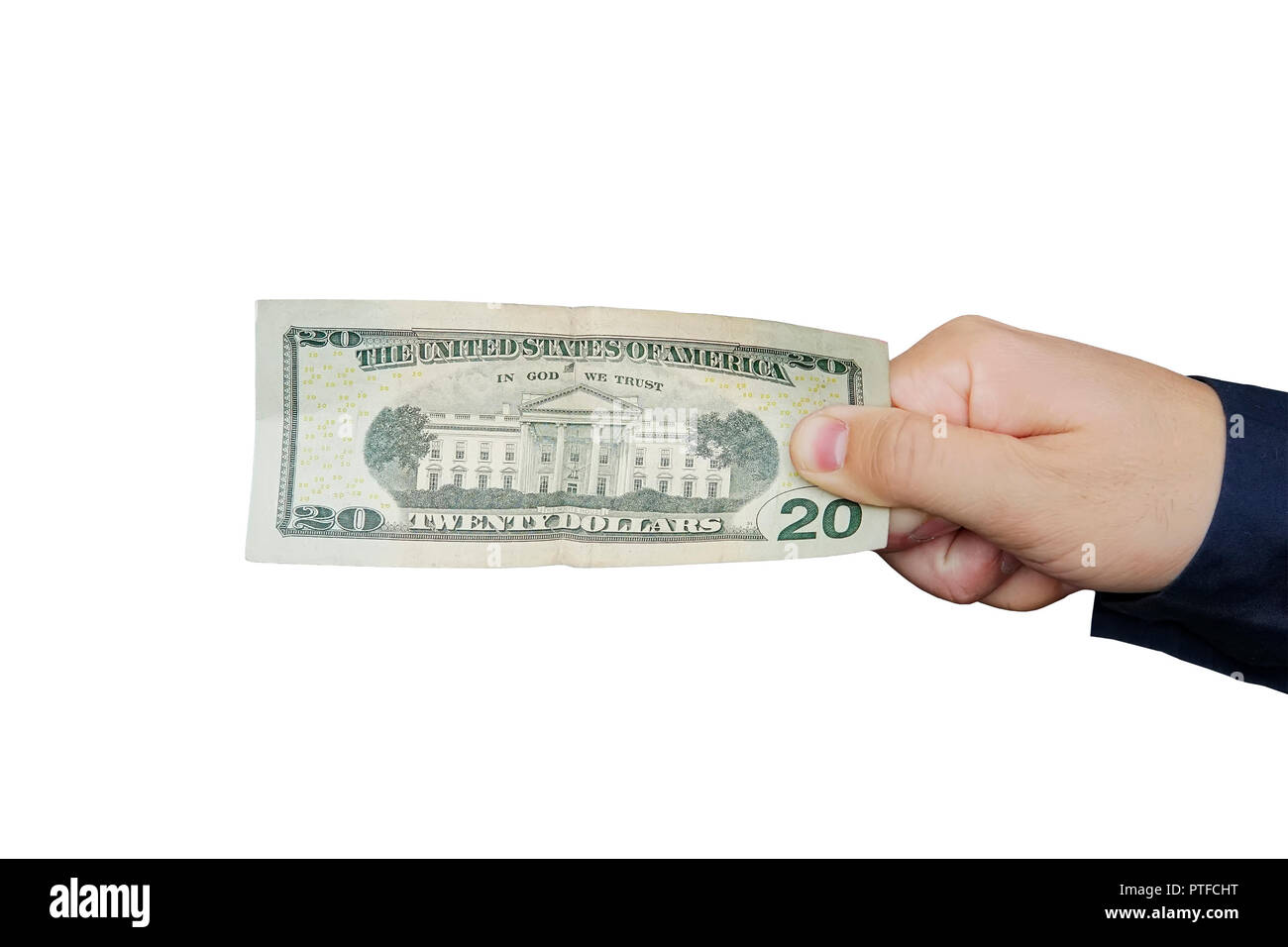 20 US dollar banknotes in hand isolated white background Stock Photo ...