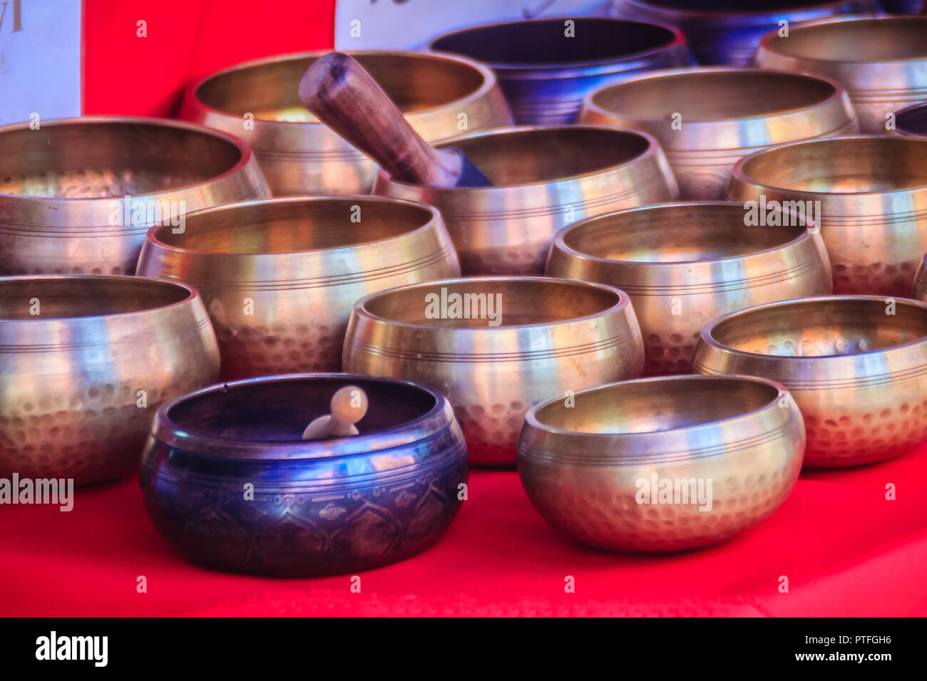 Tibetan singing bowls for sale at the antique market. Singing bowls ...