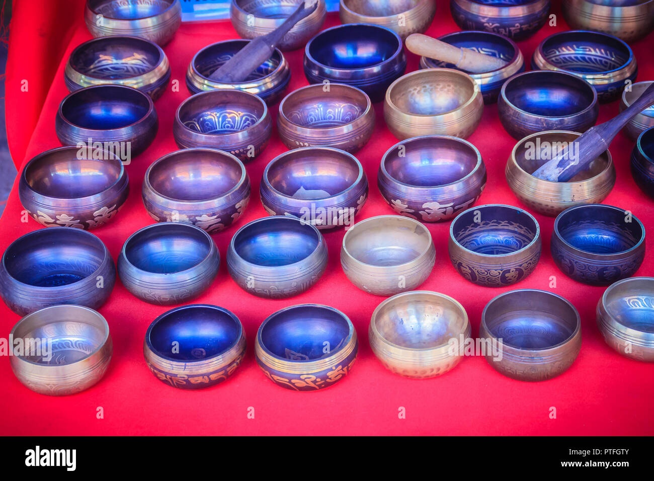 Tibetan singing bowls for sale at the antique market. Singing bowls ...