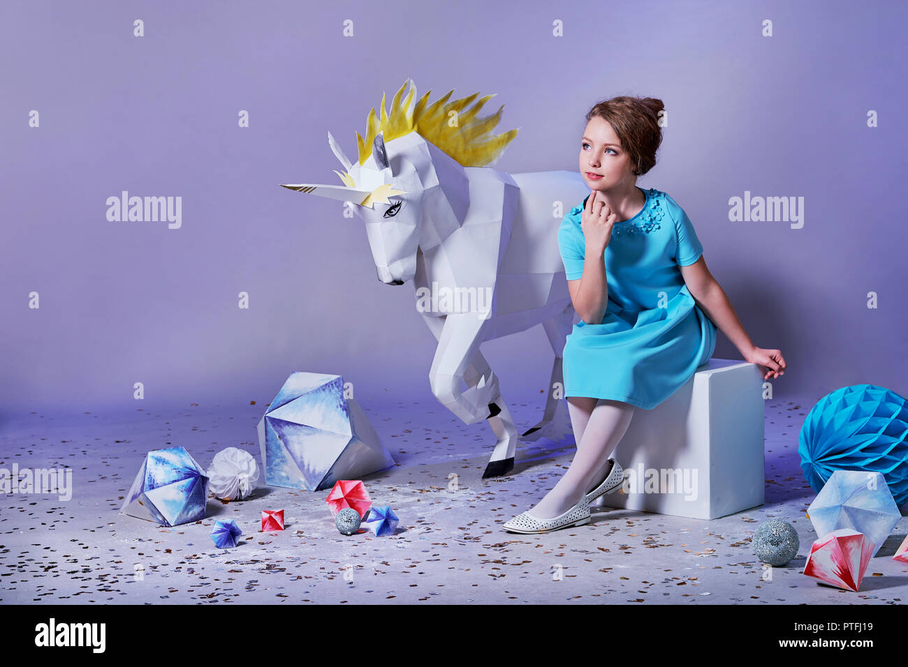 Romantic ,dreamy little girl lady origami studio, white big unicorn ...