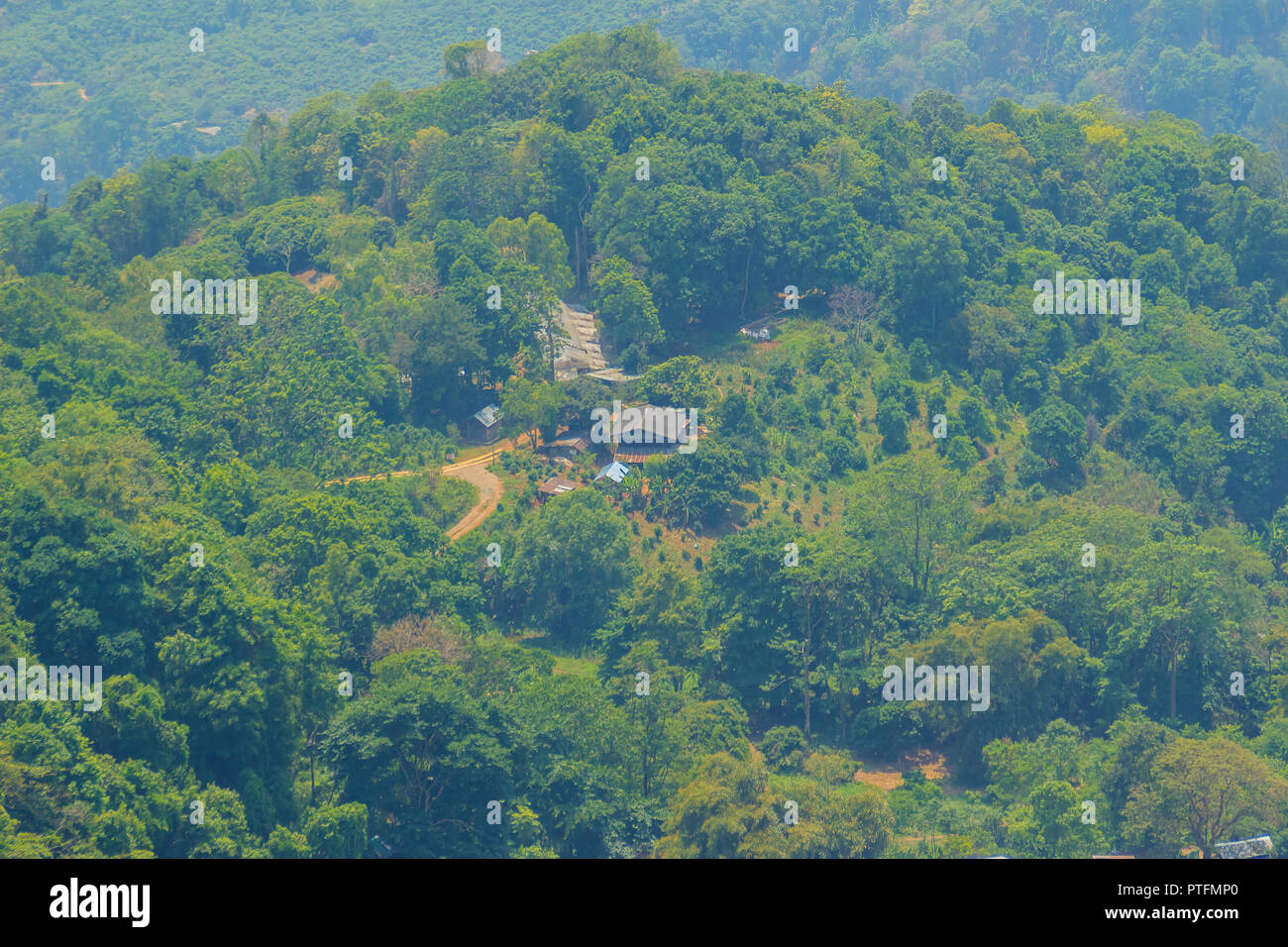 Doi Pui’s Hmong ethnic hill-tribe village, aerial view from the cliff ...