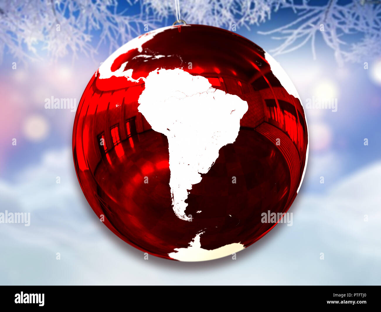 South America on red shiny Chrismas on frosty background. 3D ...