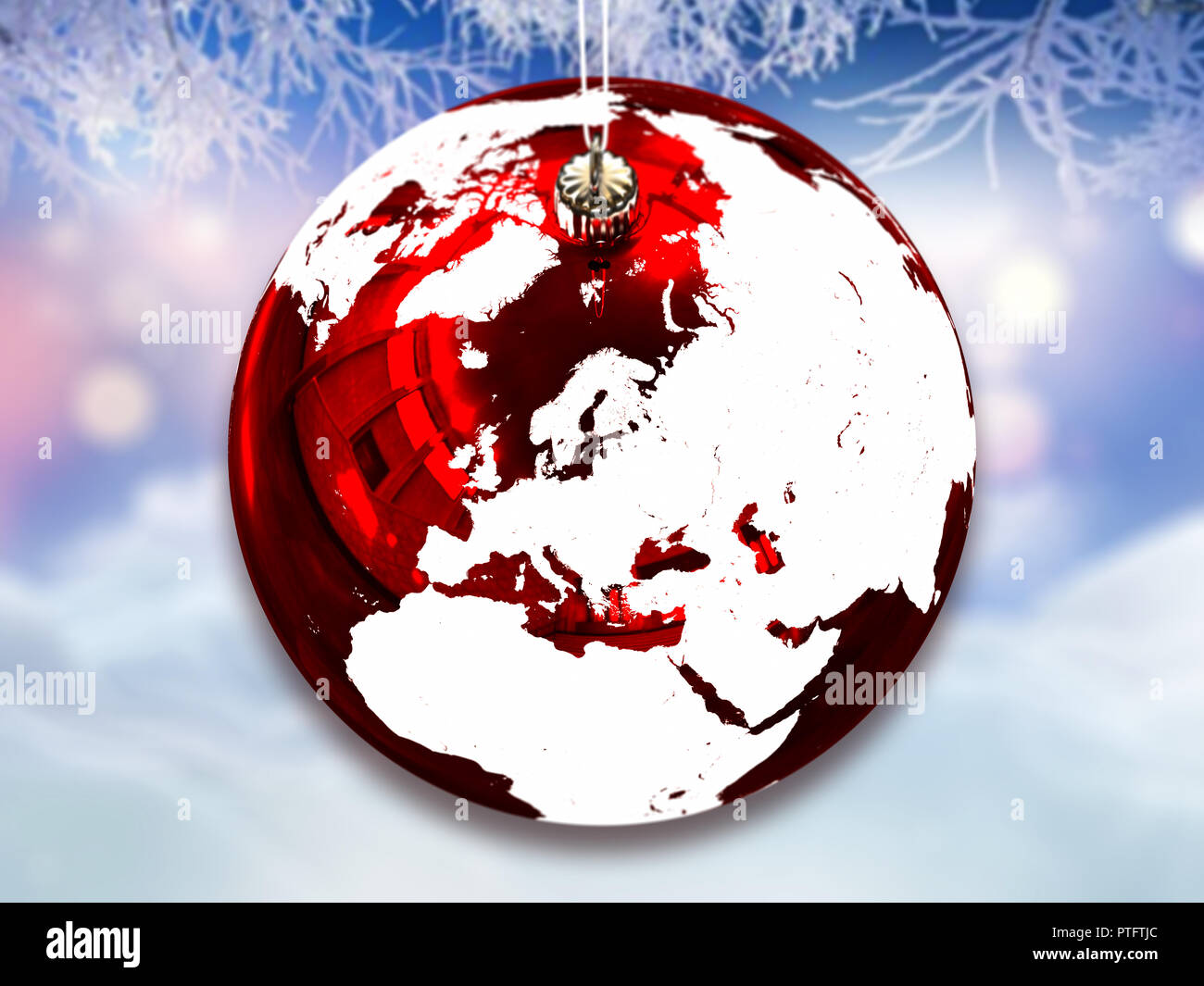 Europe on red shiny Chrismas on frosty background. 3D illustration ...