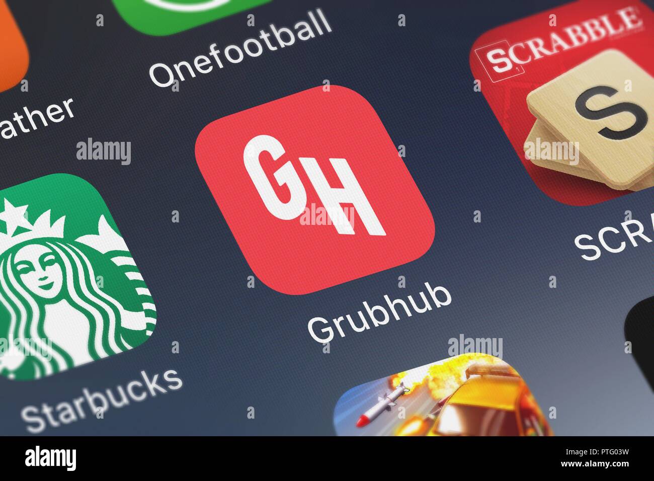 London, United Kingdom - October 09, 2018: Close-up shot of the Grubhub ...