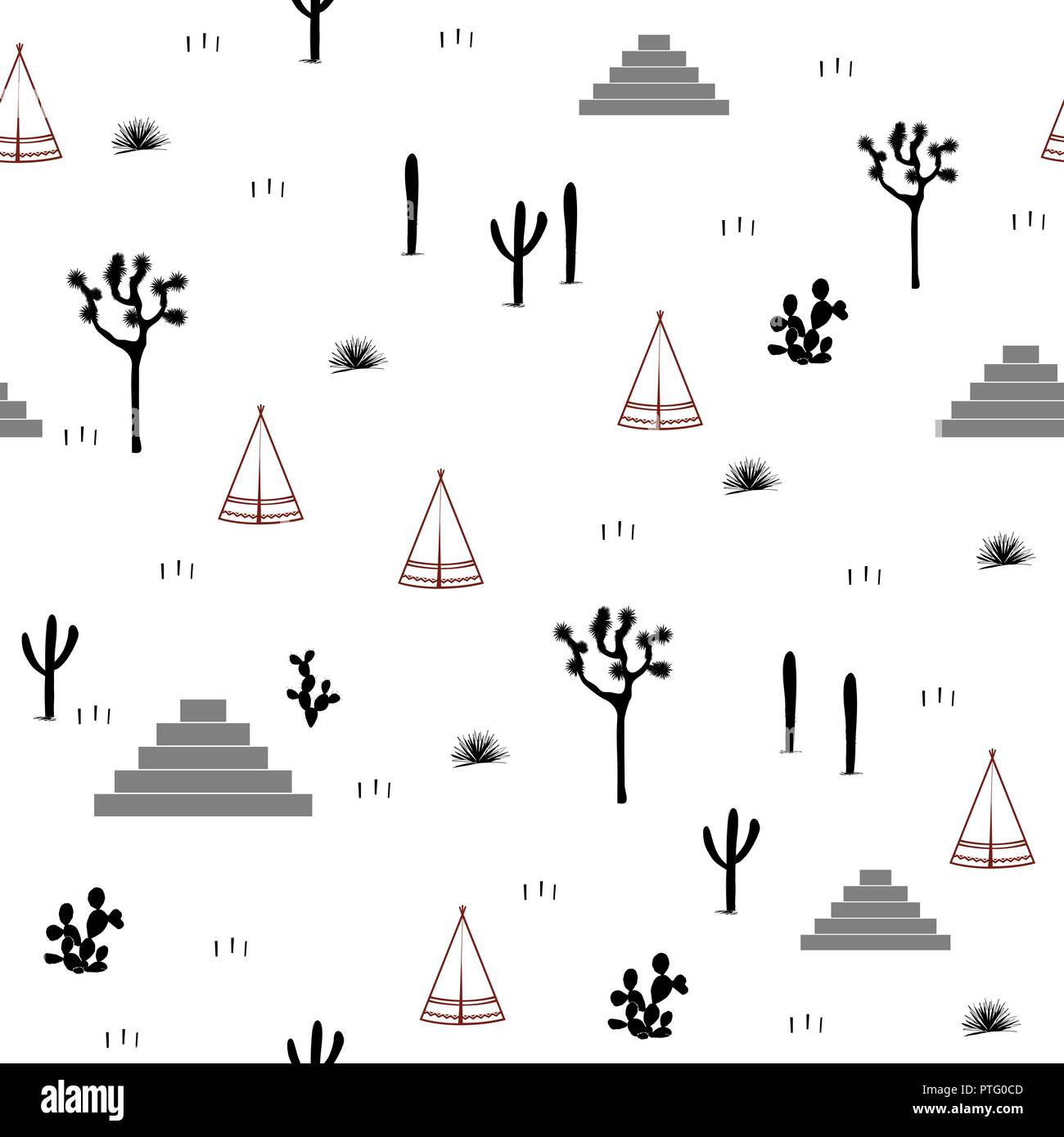 Pyramids, indian tents, saguaro, agaves, and opuntia cactuses on white ...
