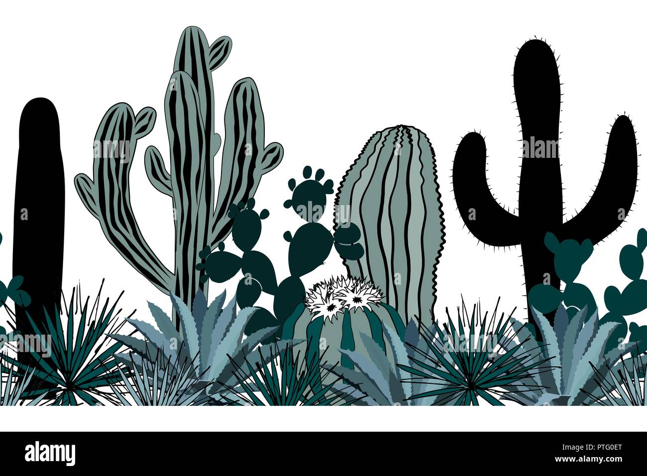 Hand drawn seamless pattern with sketch saguaro, blue agave, and ...