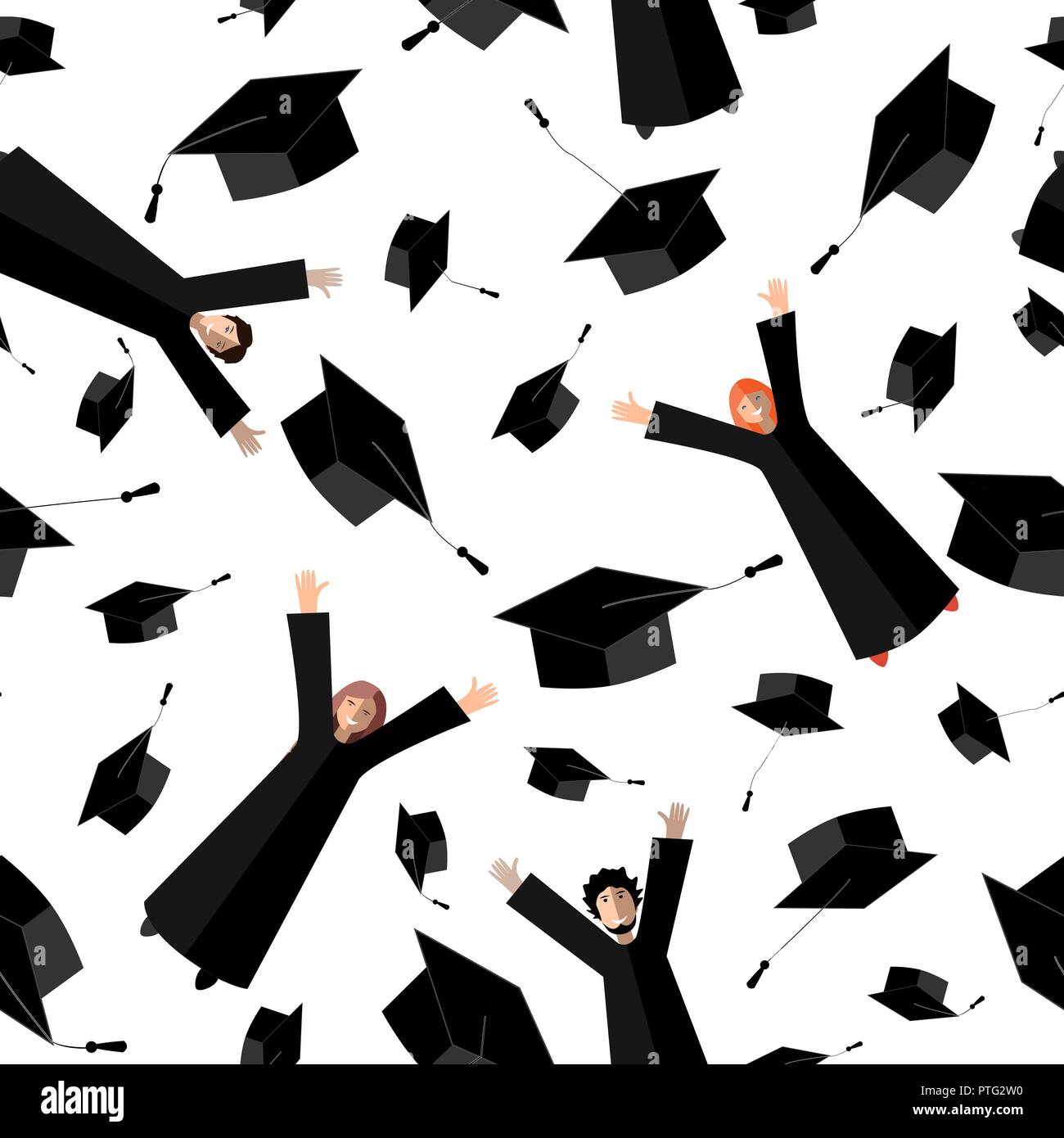 Happy Graduates flying in the air with graduation hats. Jumping ...