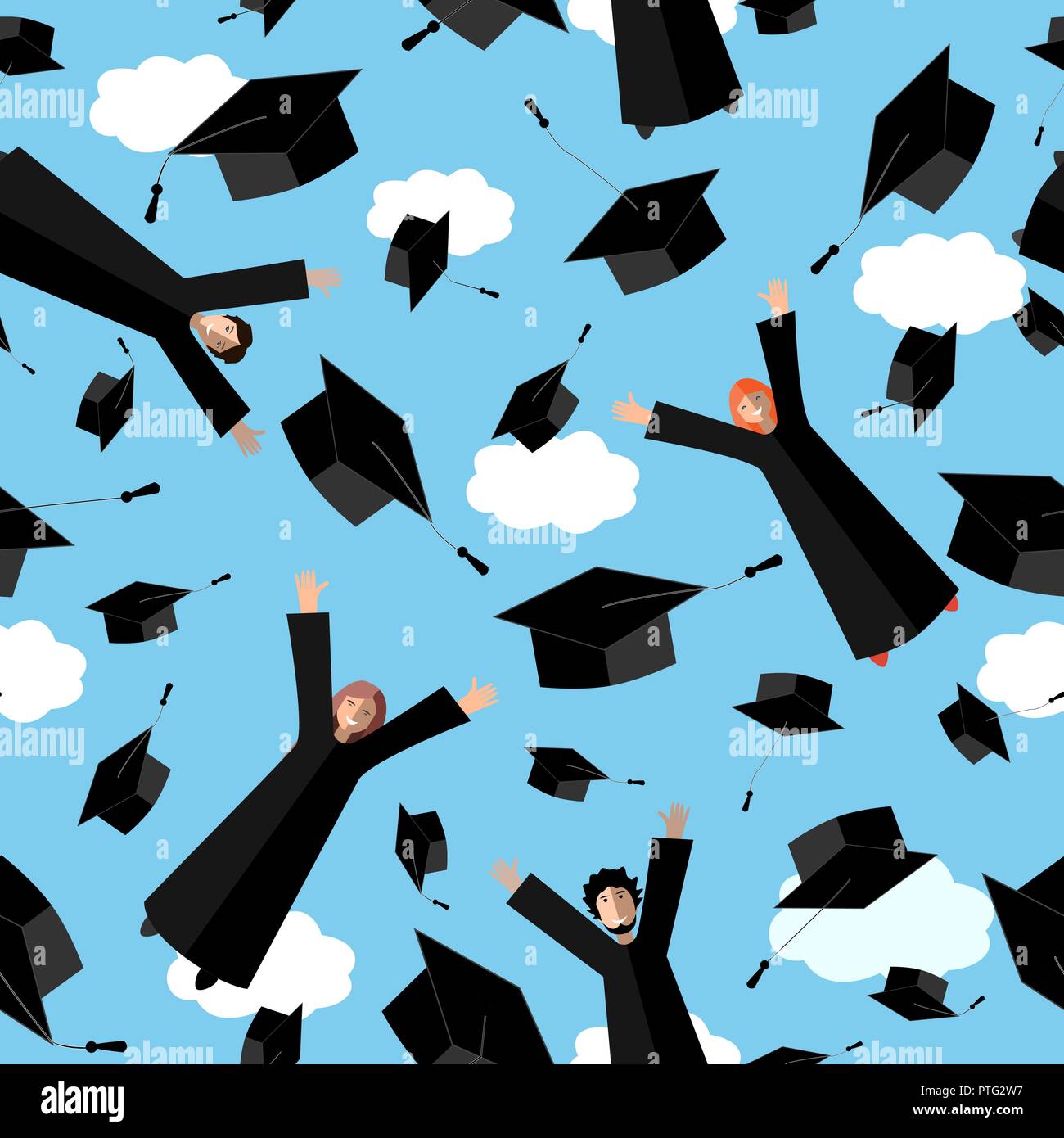 Happy Graduates flying in the air with graduation hats. Jumping ...