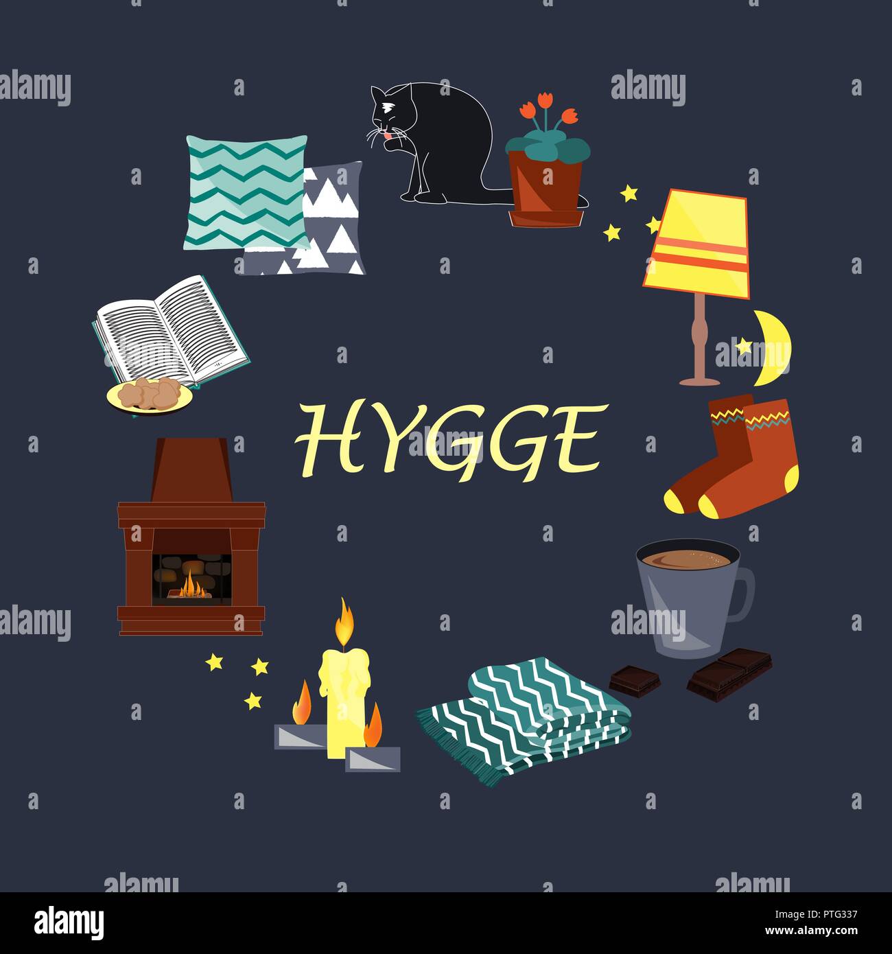 Hygge frame. Vector illustration with cozy home things like candles ...
