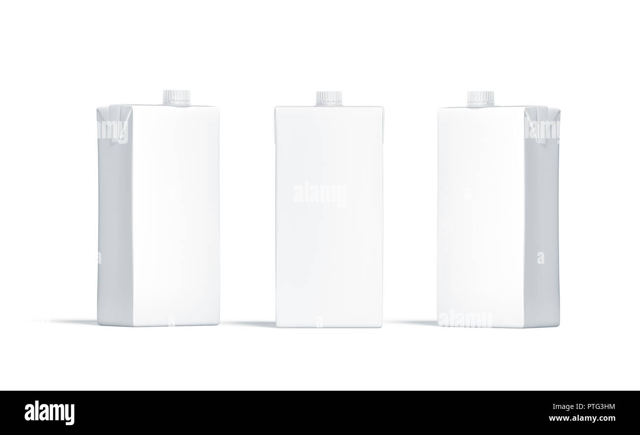 Blank white juice pack with lid mockup set, 3d rendering. Emrty drink ...
