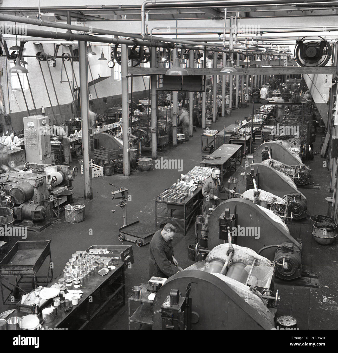 1950s, historical, overhead view of the interior of a paint making ...