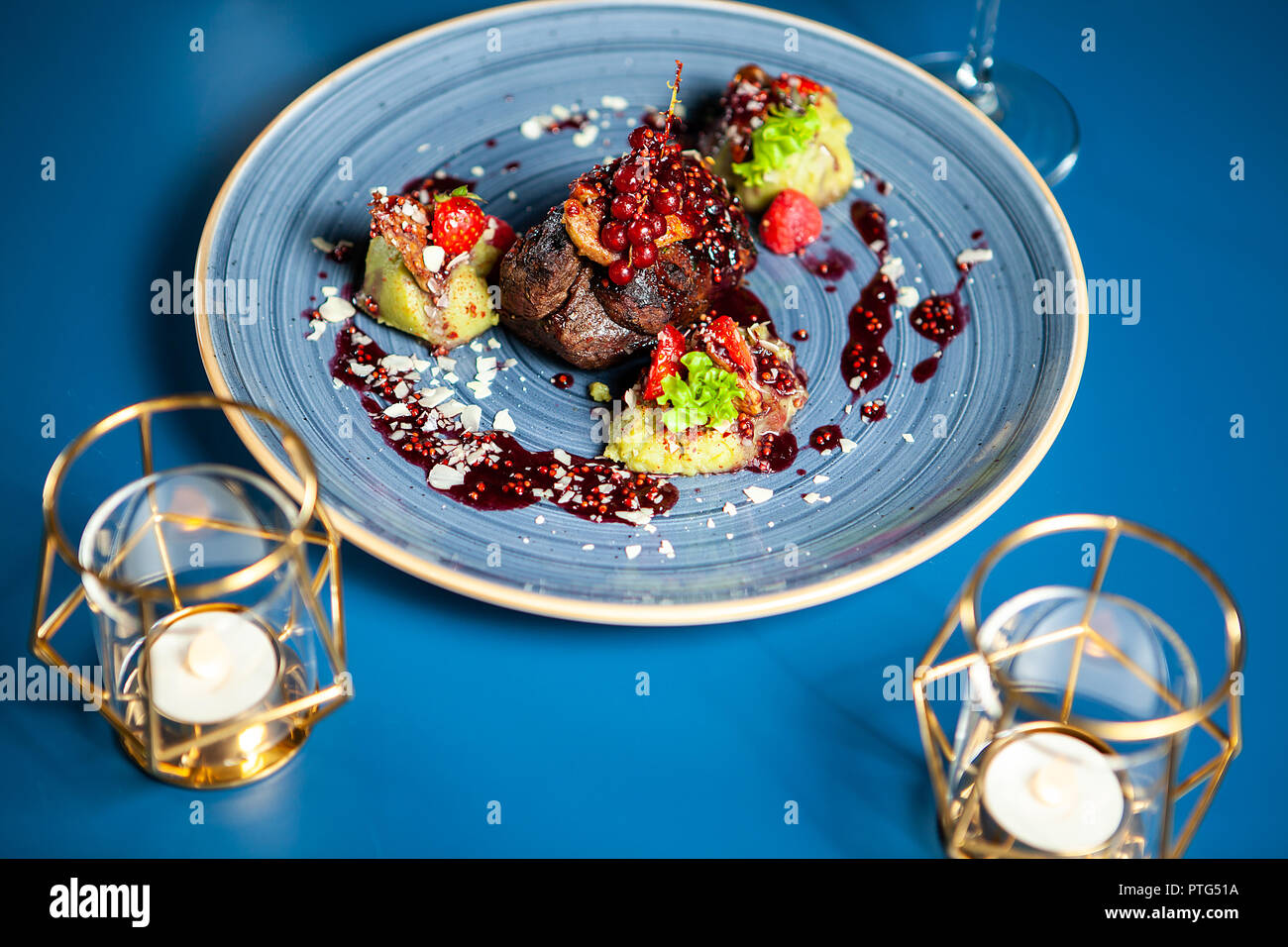 Fine dining Grilled steak with vegetables in restaurant, Professional ...