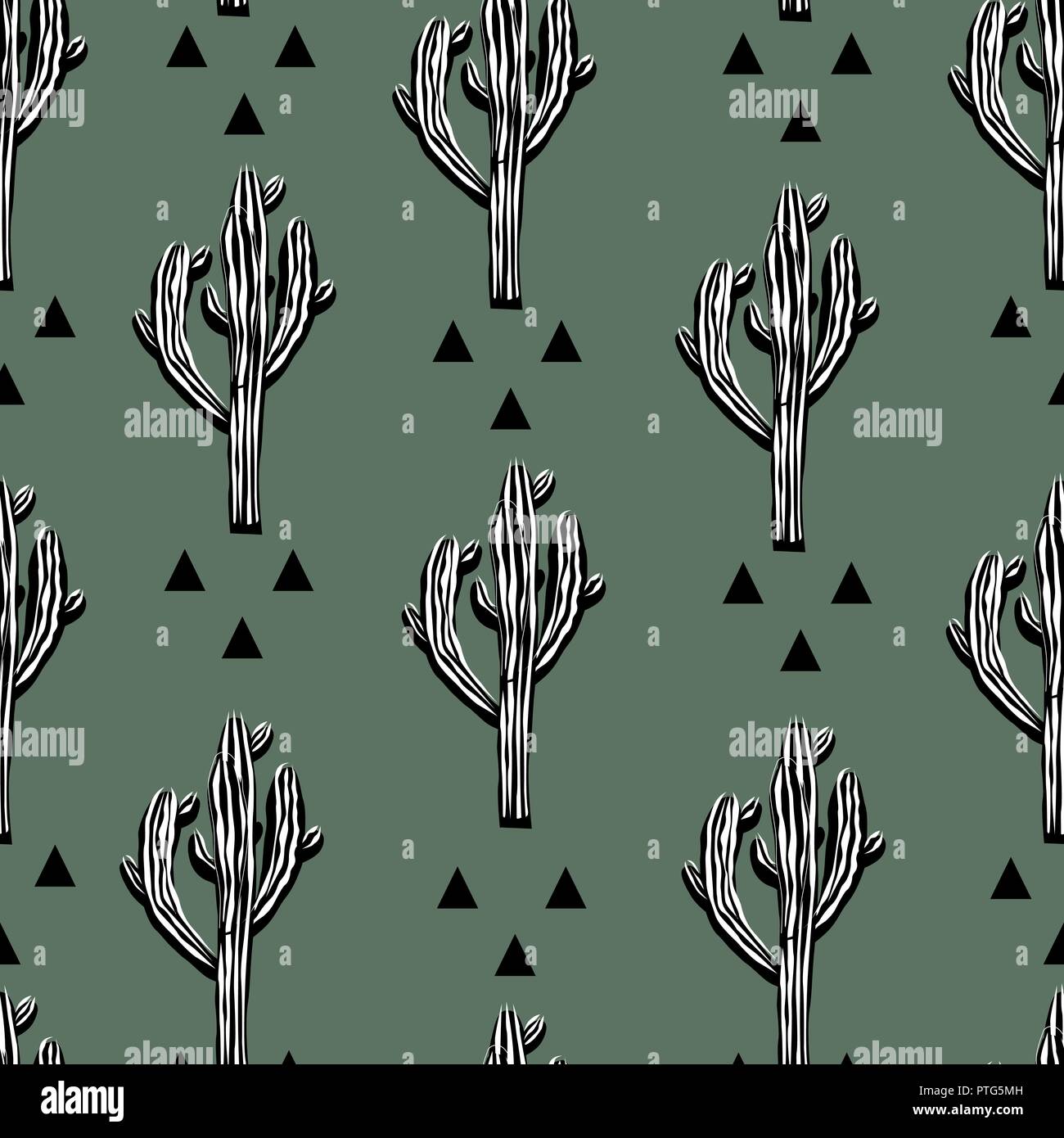 Cactus seamless vector pattern with saguaro and abstract triangless ...