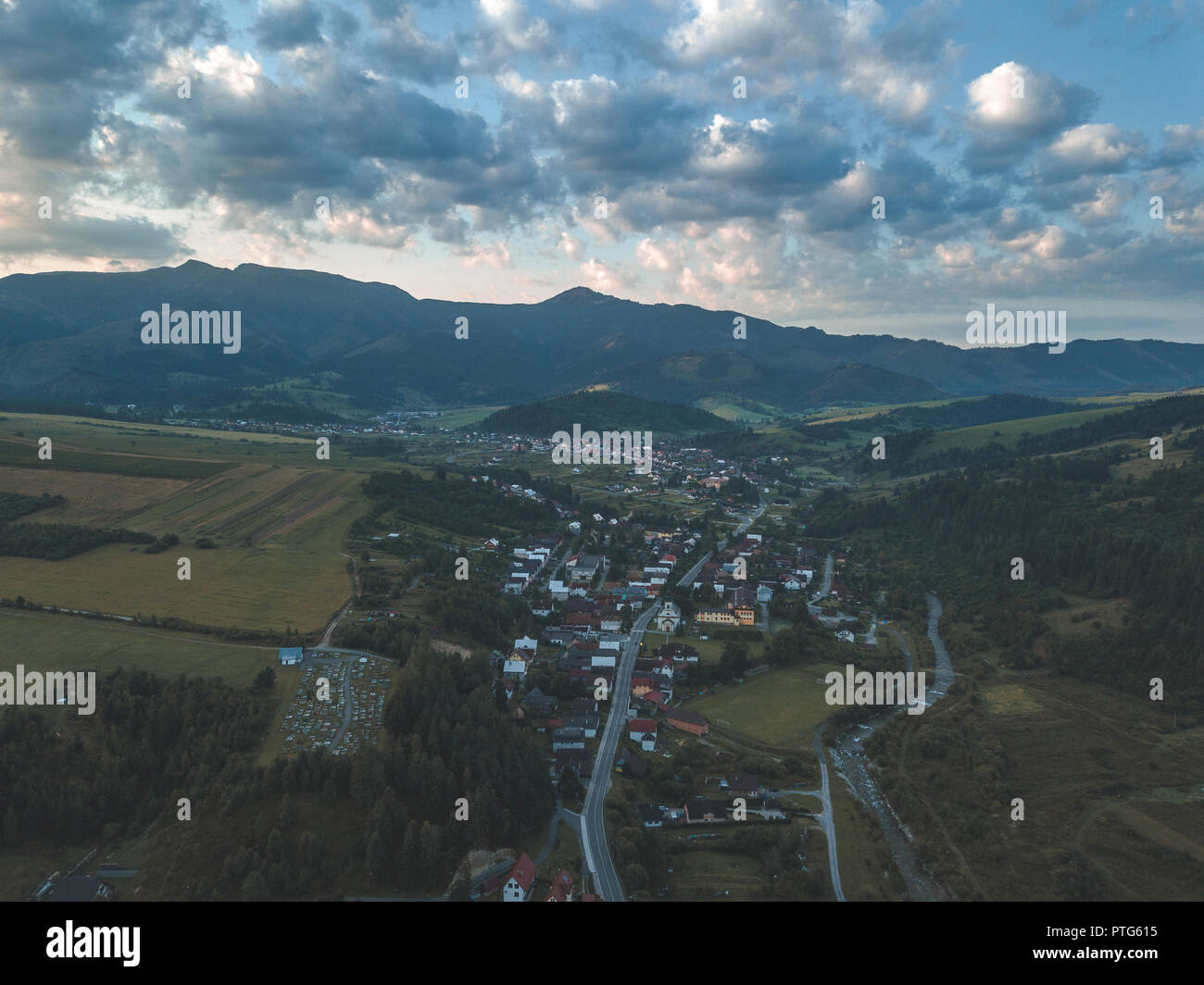 drone image. aerial view of rural mountain area in Slovakia, villages ...