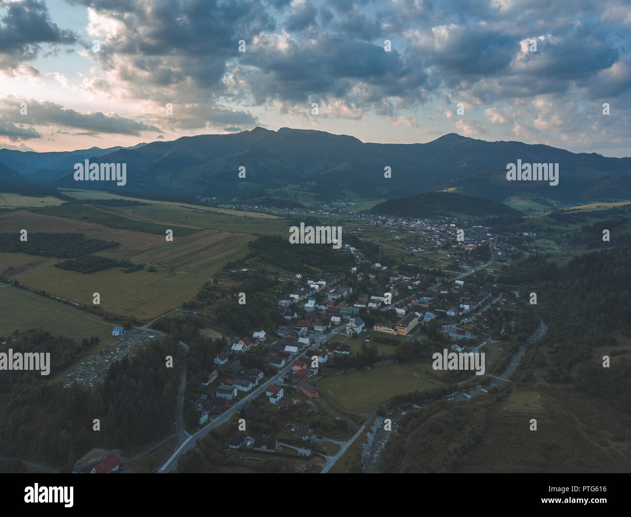 drone image. aerial view of rural mountain area in Slovakia, villages ...
