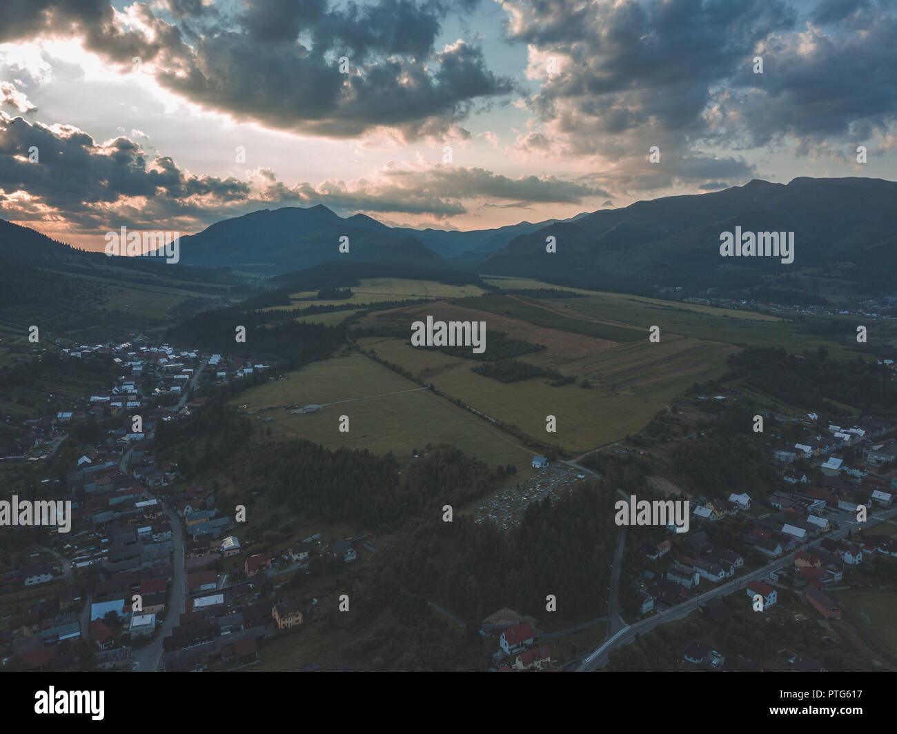 drone image. aerial view of rural mountain area in Slovakia, villages ...